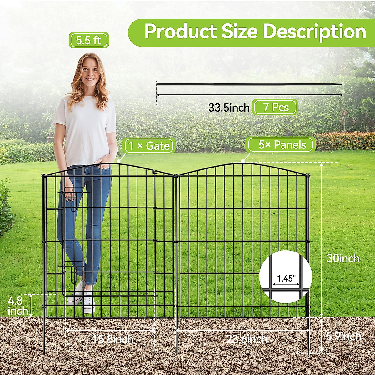 INJOPEXI Decorative Garden Fence 6 Panels 11.8ft (L)×30in (H) Garden Fence No Dig Animal Barrier Fencing with 5 Panels + 1 Gate Rustproof Metal Wire Temporary Dog Fence Border for Patio Outdoor Yard