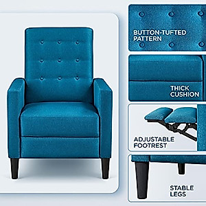 Yaheetech Fabric Recliner Chair Mid-Century Modern Recliner Adjustable Single Recliner Sofa with Thicker Seat Cushion Tufted Upholstered Sofa with Pocket Spring for Living Room Bedroom Blue