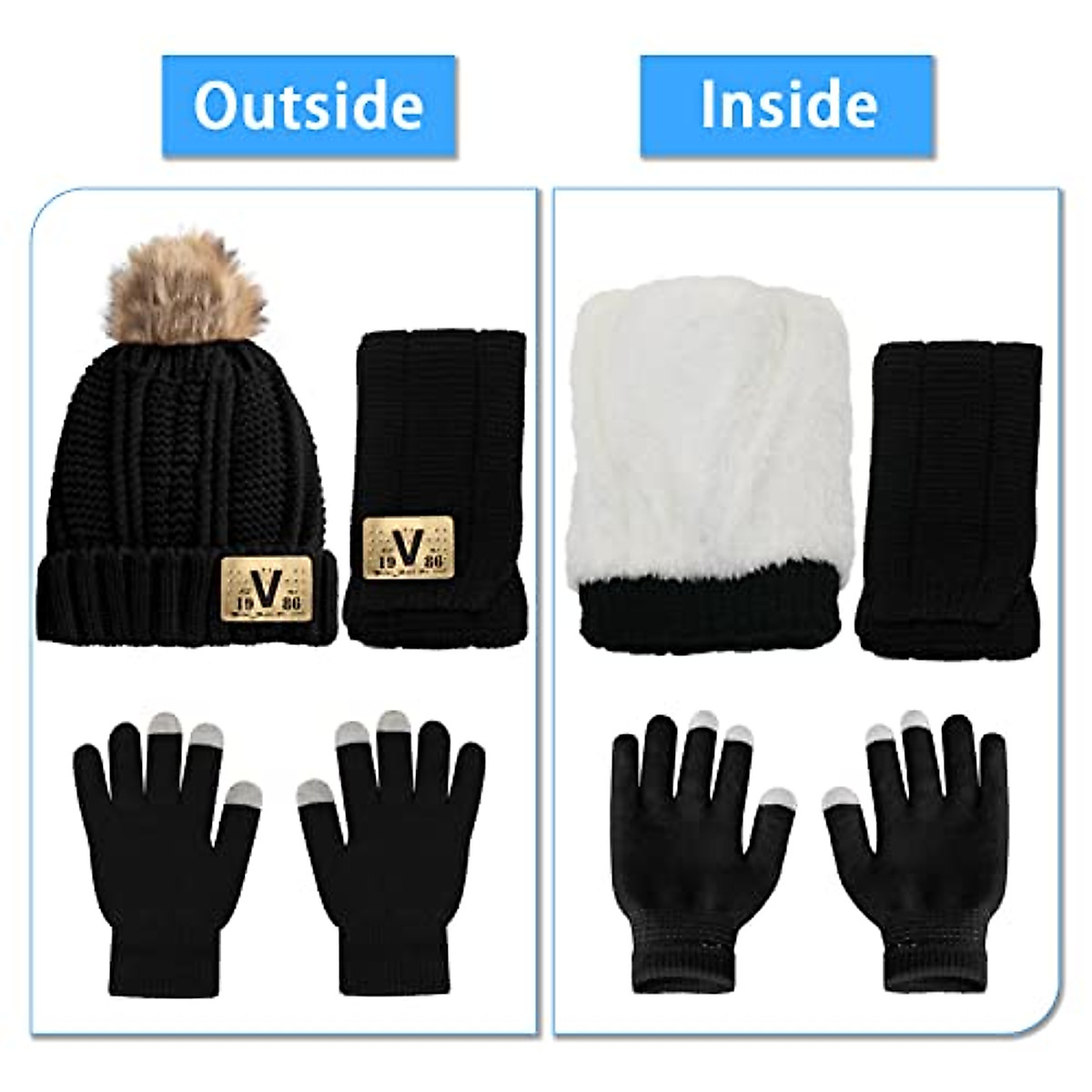 Kids Knit Hat/Scarf/Gloves Set,Winter Warm Set with Beanie and Long Scarf (Black)