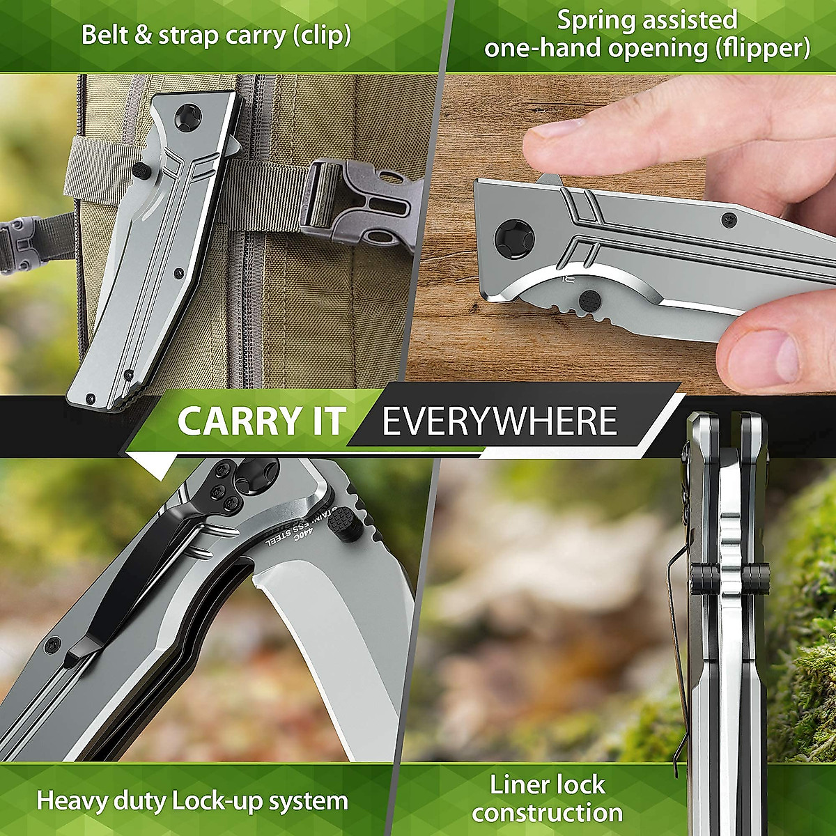 Bundle of 4 Items - Pocket Folding Knife - Military Style - Folding Knife - Tactical Knife - EDC Fold Knives - Sharp Blade Knifes - Best Pocket Knife for Urban Work Hobby Unboxing - 18,5 Machete