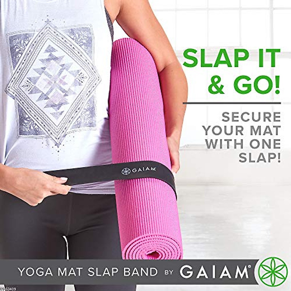 Gaiam Yoga Mat Strap Slap Band - Keeps Your Mat Tightly Rolled and Secure, Fits Most Size Mats (20"L x 1.5"W), Black