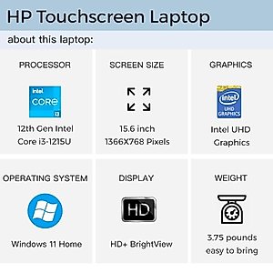 HP Newest 15.6" Touchscreen Laptop, Intel 6-Core i3-1215U Processor, 8GB RAM, 512GB SSD, Intel UHD Graphics, WiFi, Fast Charge, HDMI, Thin & Portable, Long Battery Life, Windows 11 Home