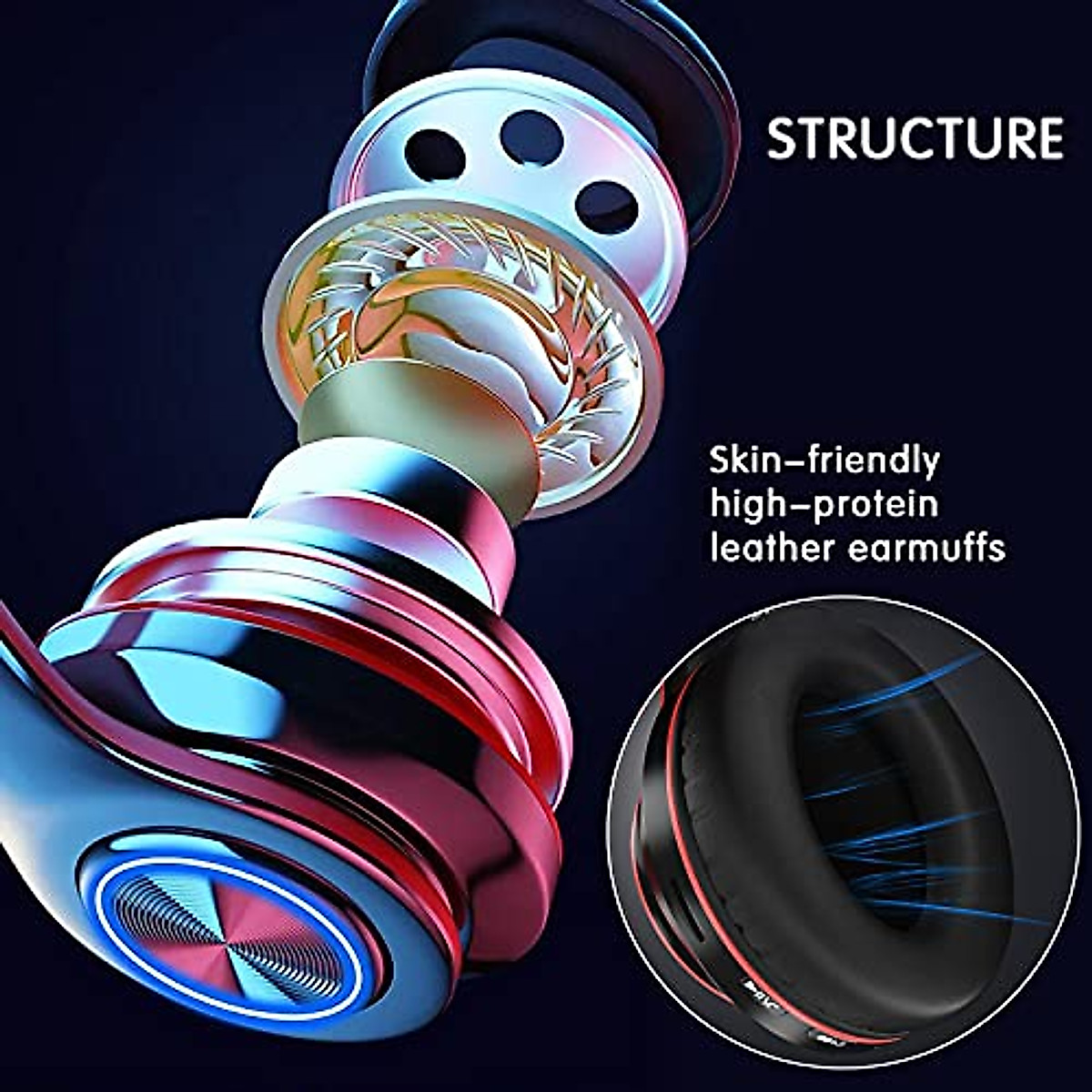 TPSKY Bluetooth Headphones Over Ear Headphones with Deep Bass LED Foldable Stereo Headphones for Smart Phone/TV/PC (Red/Black)