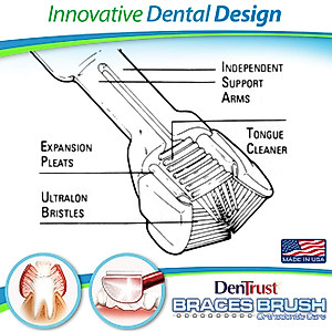DenTrust | Braces Brush 3-Sided Toothbrush | Cleans Better Around Orthodontic Brackets | Fun & Easy to Use for All Kids | Tongue Cleaner for Fresh Breath | Made in USA