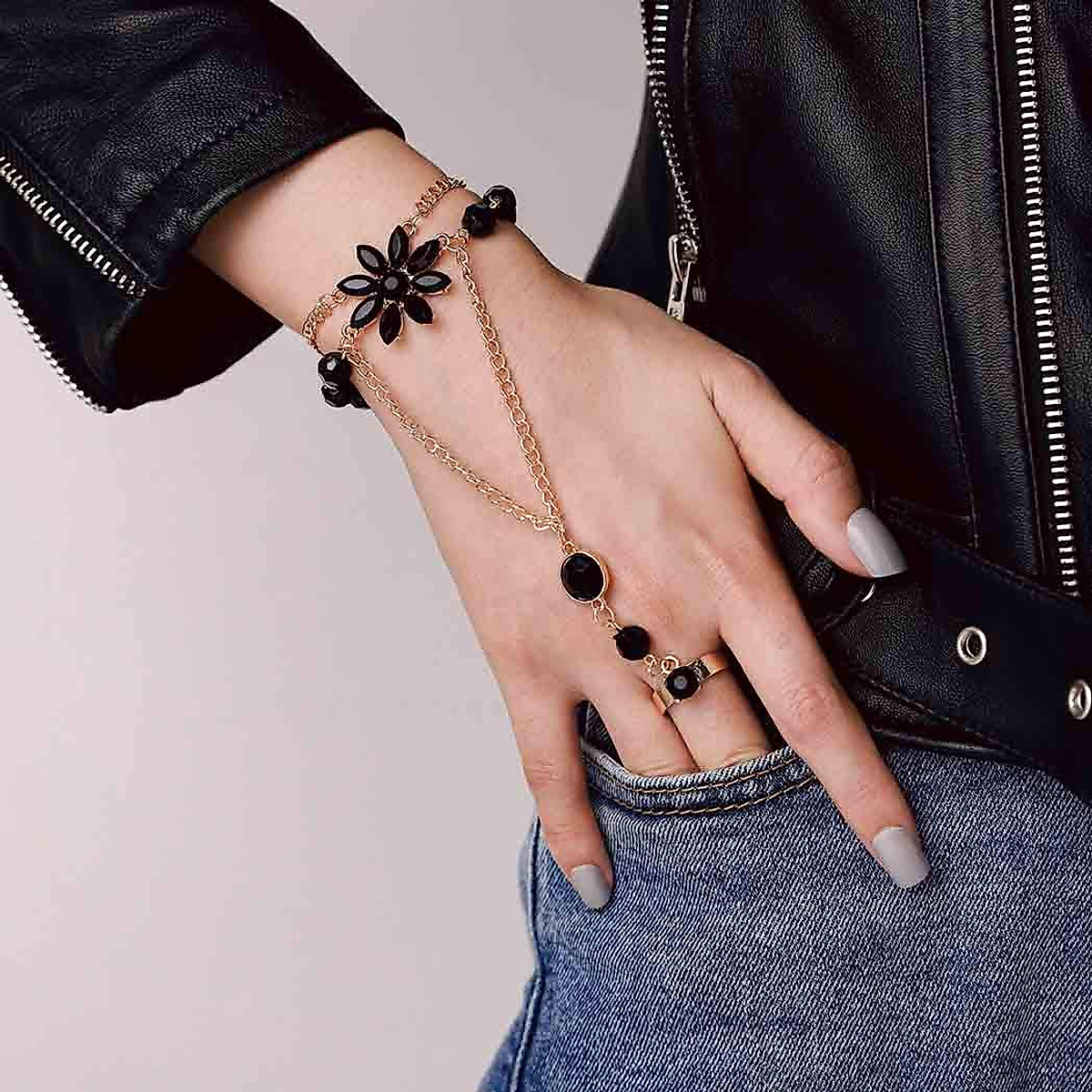 Yalice Rhinestone Finger Bracelet Ring Black Crystal Hand Chains Flower Slave Finger Chain Fashion Charm Hand Jewelry for Women