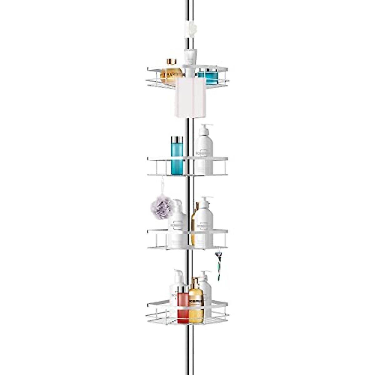 Rosefray Shower Caddy Tension Pole, 304 Stainless Steel Corner Shower Shelf with 4 Big Adjustable Baskets, 6 hooks, Adjustable Height from 3.7 to 9ft