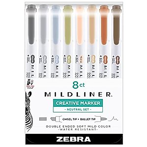 Zebra Pen Mildliner Double Ended Highlighter, Broad and Fine Point Tips, Assorted Neutral Vintage Ink Colors, 8-Pack (78208)