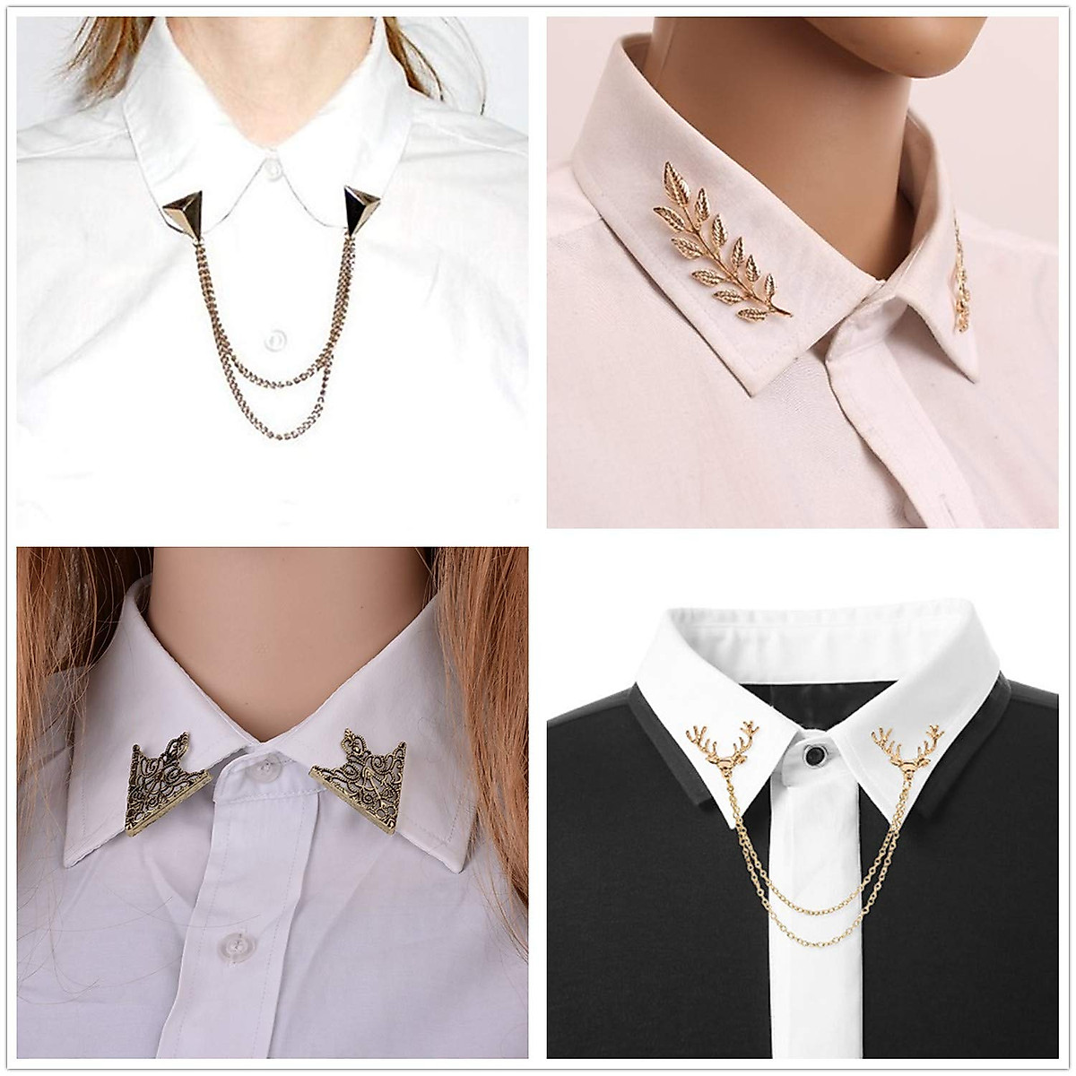 TFYU 4 Pcs Deer Head Double Link Chains, Gold Stud, Retro Hollow Pattern and Angle Triangle Tassels Collar Pins Brooch Clip Pin Brooches Shirt Collar Decoration Parts with Free Box