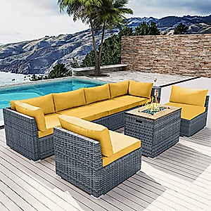 MODENZI Outdoor Sectional Patio Furniture Set with Propane Fire Pit Table Grey Resin Wicker Phoenix Collection Sofa Set (Yellow with Ice Bucket)