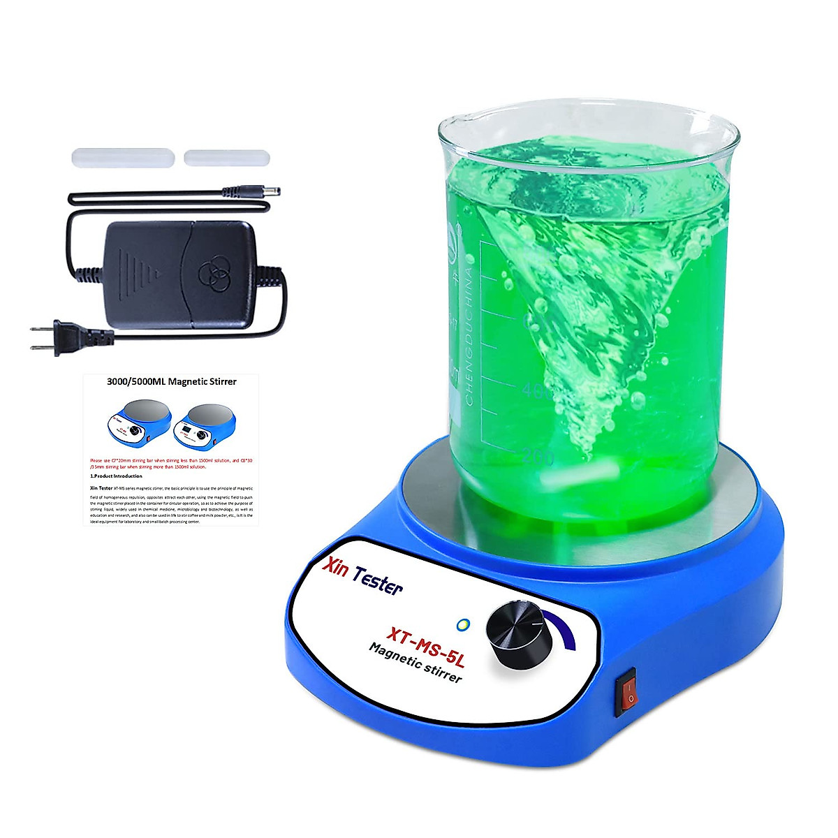 Xin Tester 5000ml Magnetic Stirrer, Stainless Steel Magnetic Mixer with Stir Bar, Magnetic Stir Plate for Sauces/Yeast Starters/Paint/Ink (No Heating) Max Stirring Rate: 2200RPM