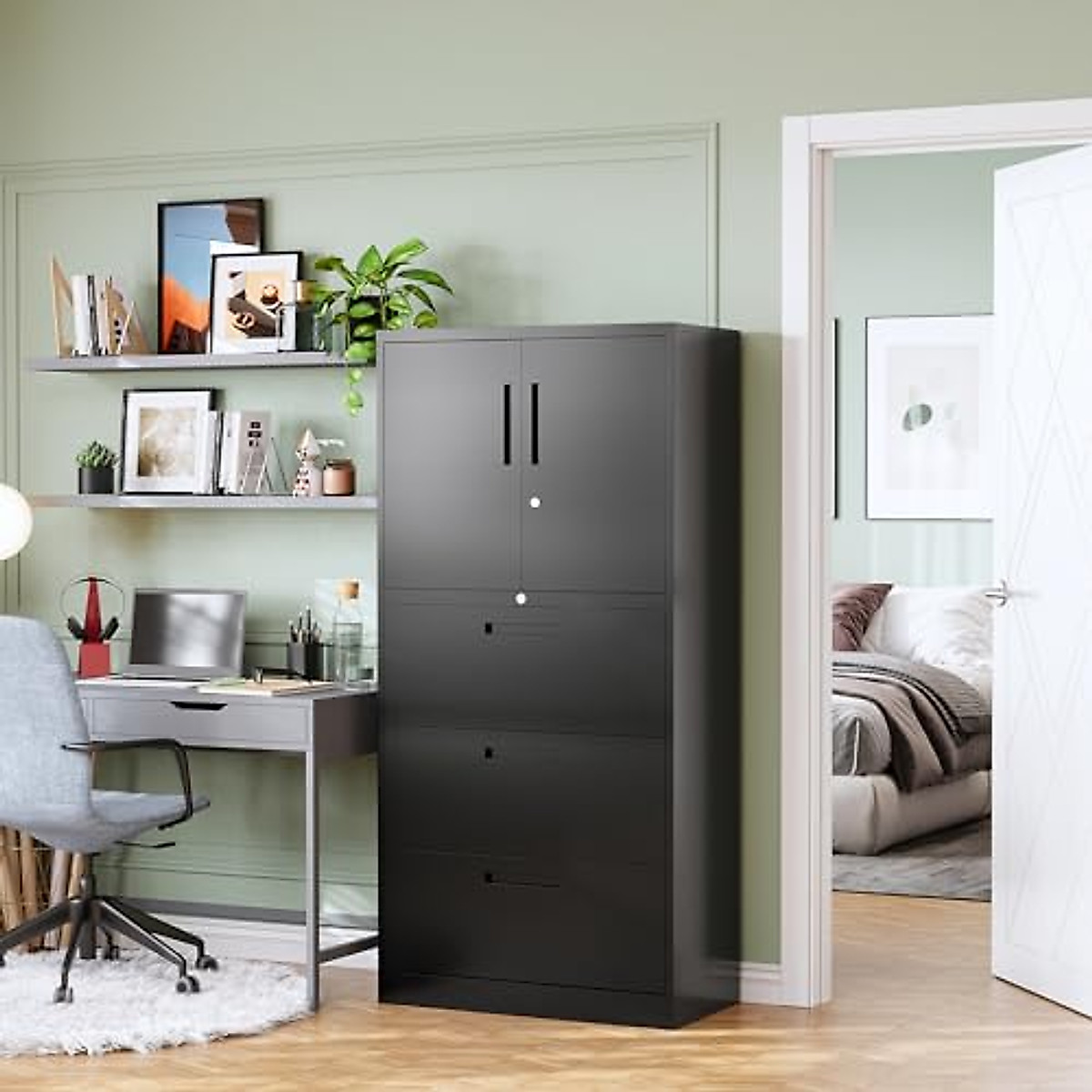 PEUKC 3-Drawer Metal File Cabinet, Lateral Vertical Filing Cabinets for Home Office, Locking File Cabinet with Storage Shelves, Legal/Letter/A4 Size Office File Cabinet,(Black, Assemble Required)