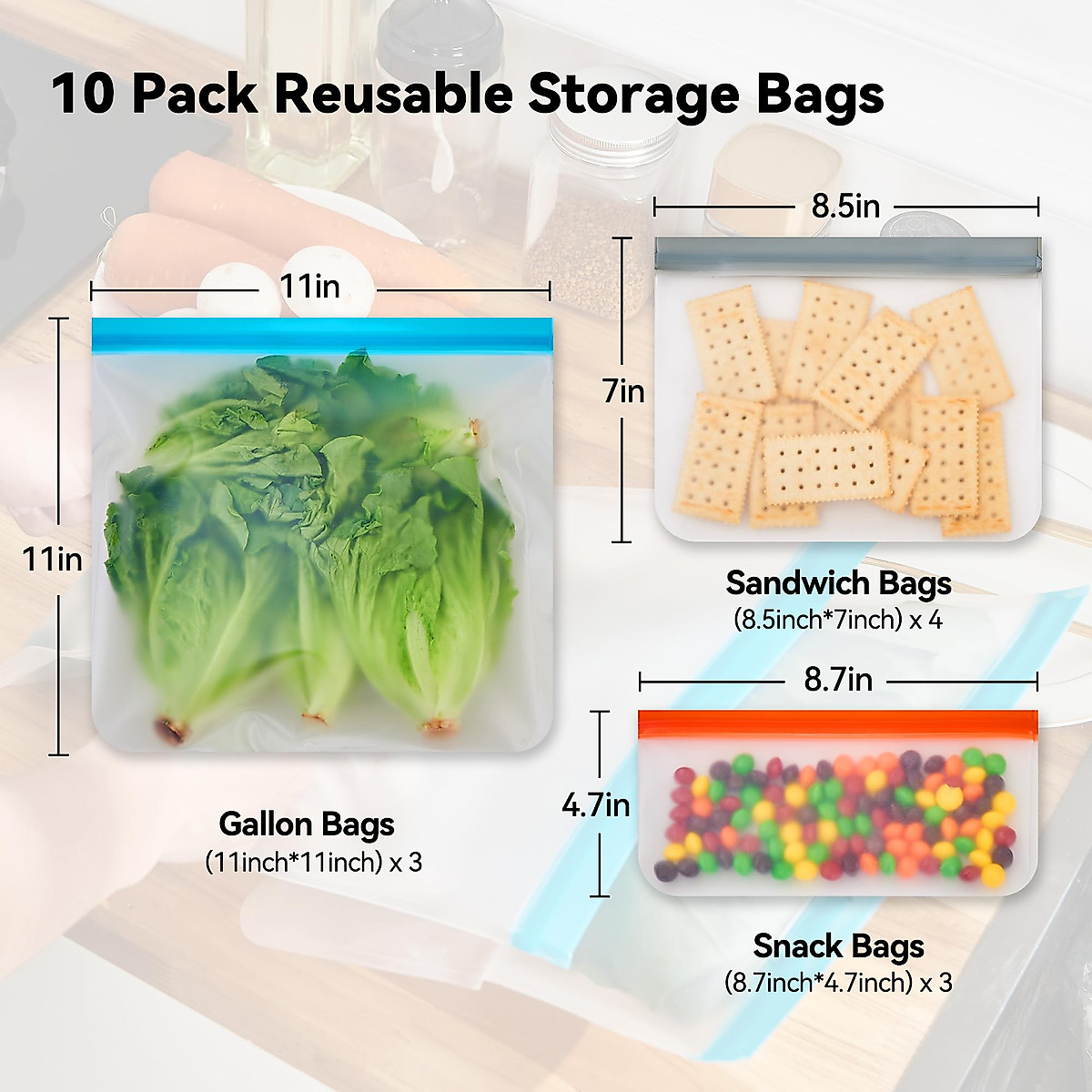 Leetaltree Reusable Food Storage Bags, 10 Pack Dishwasher Freezer Safe PEVA Bags, Leak Proof & Airtight Reusable Freezer Bags for Food Storage and Home Organization