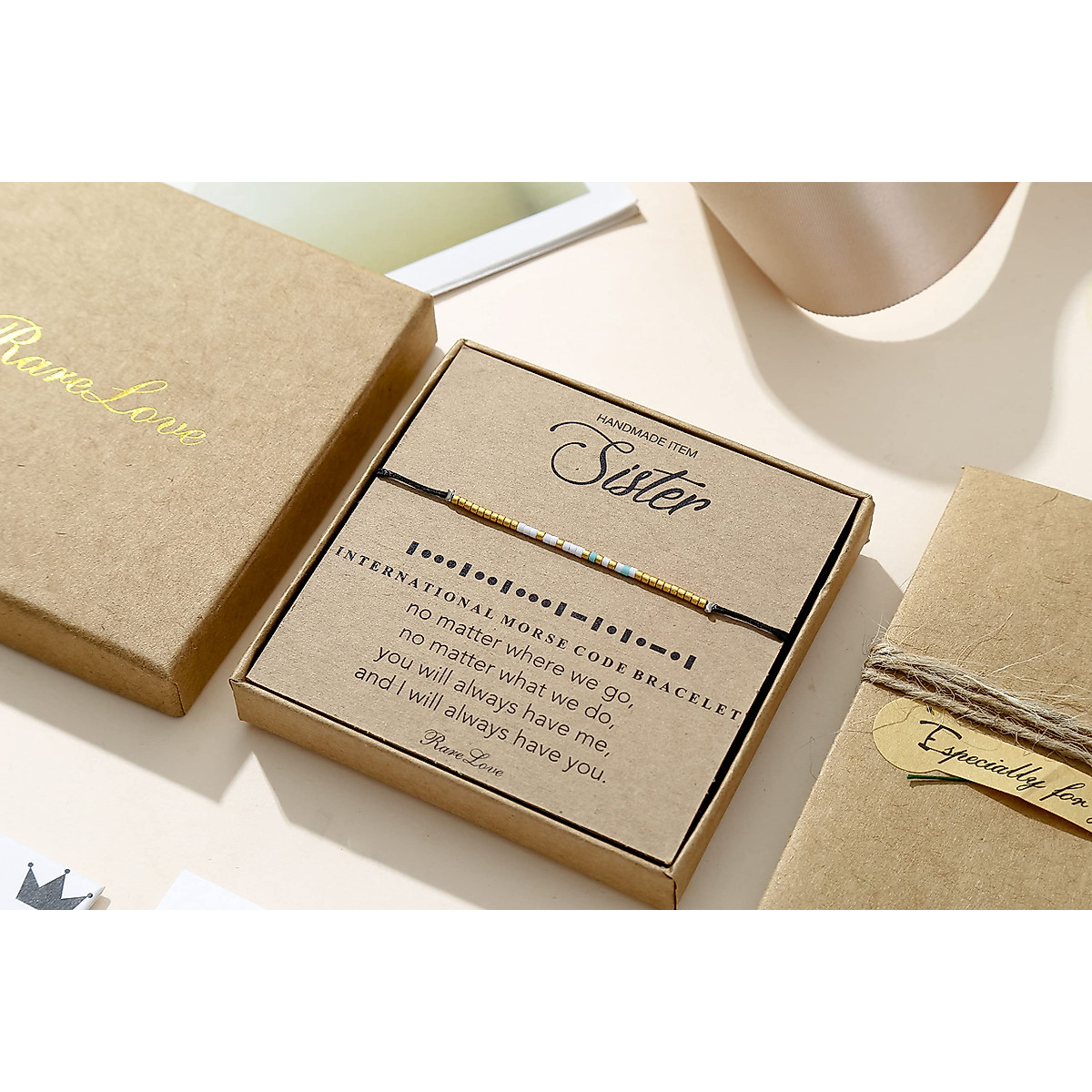 RareLove Sister Morse Code Beaded Bracelet Sister Birthday Gifts from Sister Long Distance Friendship Christmas Gifts Waterproof Gold Blue White Tiny Pony Seed Beads Black String