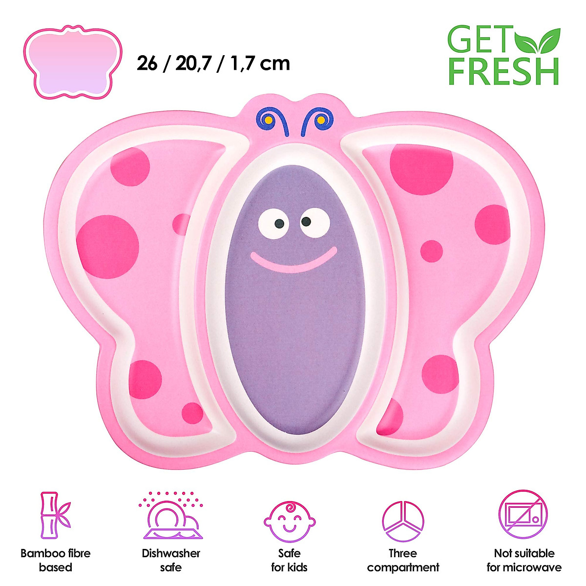 GET FRESH Bamboo Kids Divided Plates – 1pc Butterfly Sectioned Bamboo Fibre Childrens Plates – Cute Animal Bamboo Toddler Divided Plate – Reusable Bamboo Fibre Kids Plates with 3 Compartments