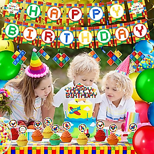 Spiareal 78 Pcs Building Block Birthday Party Supplies Birthday Party Decor Include Happy Birthday Banner, Building Block Swirls, Table Cover, Cake Toppers, Cupcake Toppers, Balloons for Kids Kids