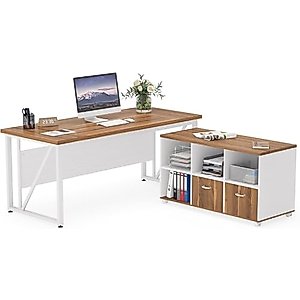 LITTLE TREE 63-Inch Office Desk, Large Computer Desk with Wheeled File Drawer Cabinet, Wood L-Shaped Executive Desk, Study Writing Desk Workstation for Home Office