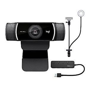 Logitech C922 Pro Stream 1080p Webcam Bundle with Webcam Stand with Selfie Ring Light and 4-Port USB 3.0 Hub (3 Items)
