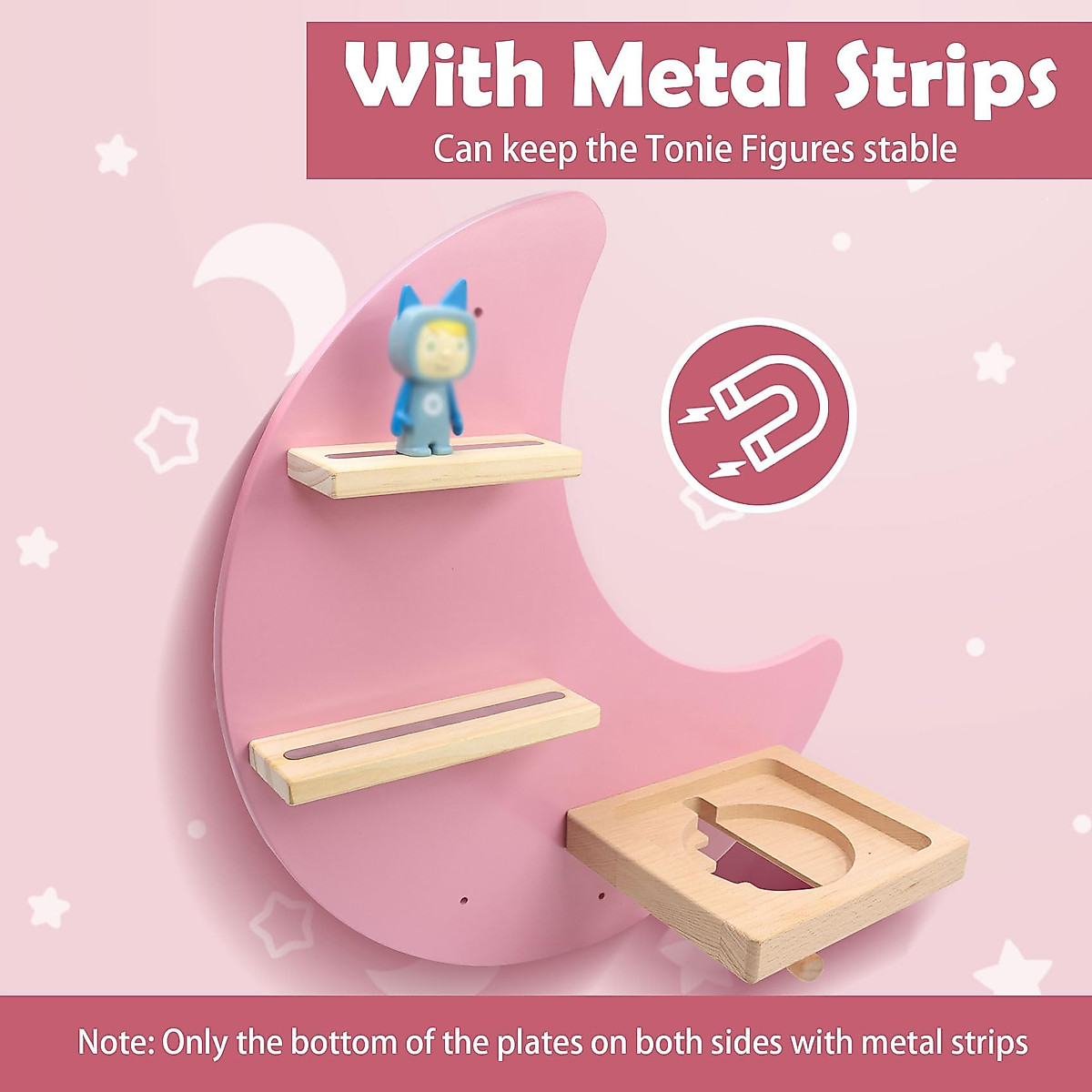 for Toniebox Starter Tonie Shelf Wall Mounted Set of 4 (Moon and 3 Stars),Tonies Figures Tonies Storage,Magnetic Wooden Floating Shelves Compatible with Tonie box Player Character for Children Room