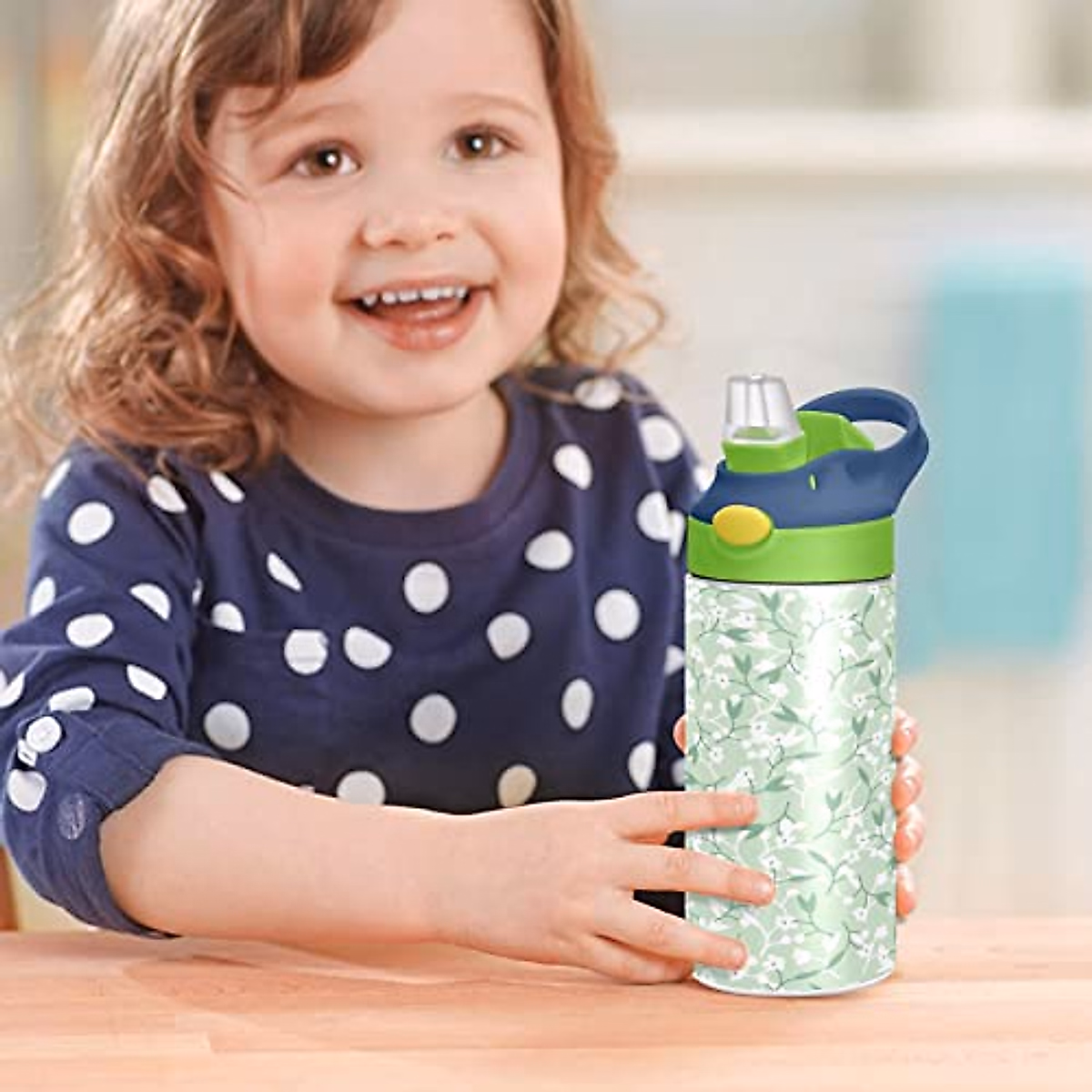 Kigai Small White Flowers Kids Water Bottle, BPA-Free Vacuum Insulated Stainless Steel Water Bottle with Straw Lid Double Walled Leakproof Flask for Girls Boys Toddlers, 12Oz