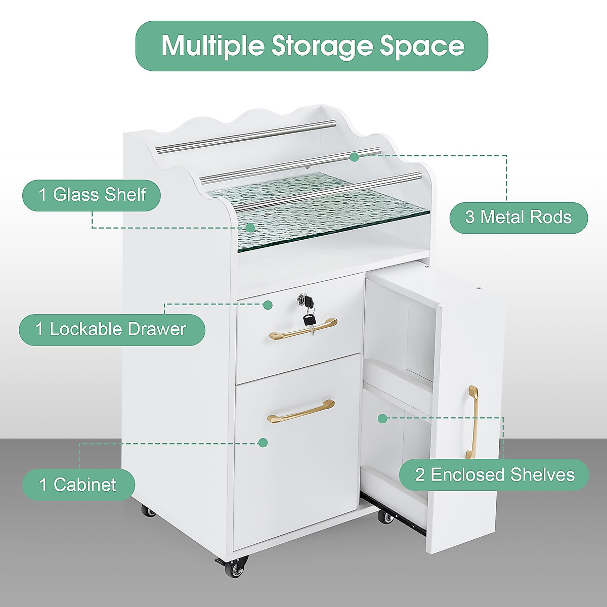 BarberPub Salon Cart with Storage Drawer Cabinet Barber Trolley with Wheels Rolling Salon Cart for Hair Stylist Beauty Organizer 2045 (White)