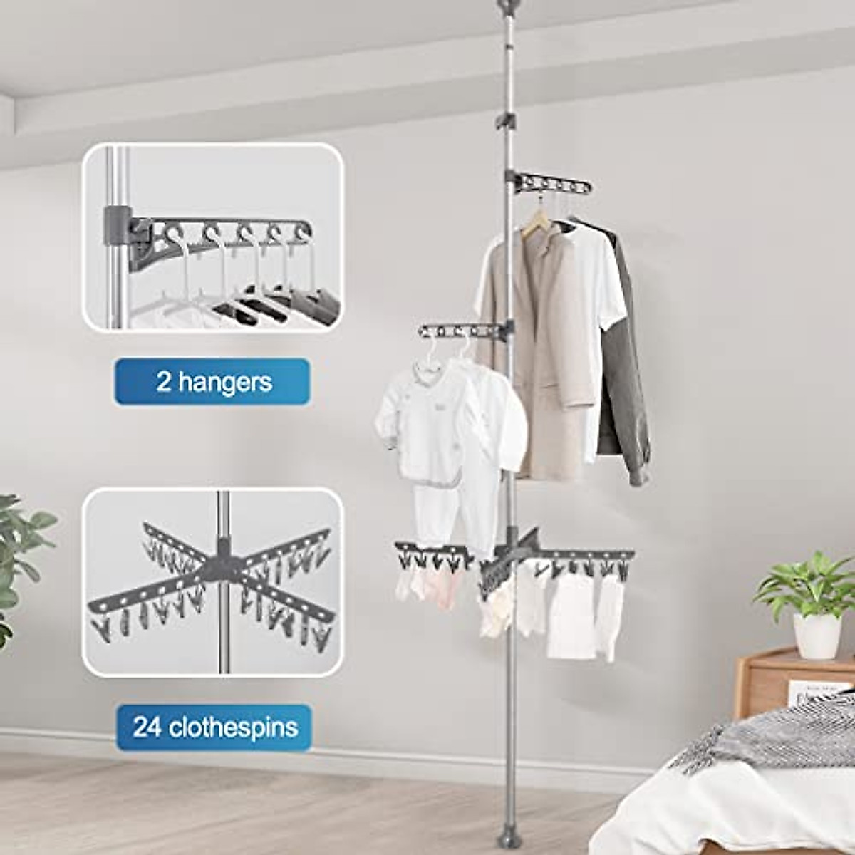 Hershii Expandable Clothes Drying Rack Laundry Pole Adjustable Vertical Garment Display Stand Coat Tree Hanger Airer Floor to Ceiling Tension Rod Storage Organizer - Grey
