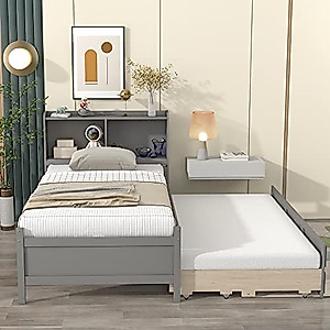 Harper & Bright Designs Twin Bed with Twin Size Trundle and Drawers, Solid Wood Platform Bed Frame with Bookcase Headboard for Kids Teens Adults (Twin Size, Gray)