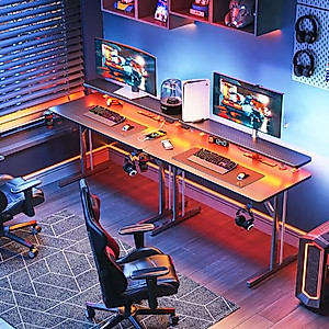 MOTPK Small Gaming Desk with LED Lights & Power Outlets, 31 Inch Computer Desk Gaming Table with Monitor Shelf, Gamer Desk with Carbon Fiber Texture, Kids Boys Desk Gift for Men