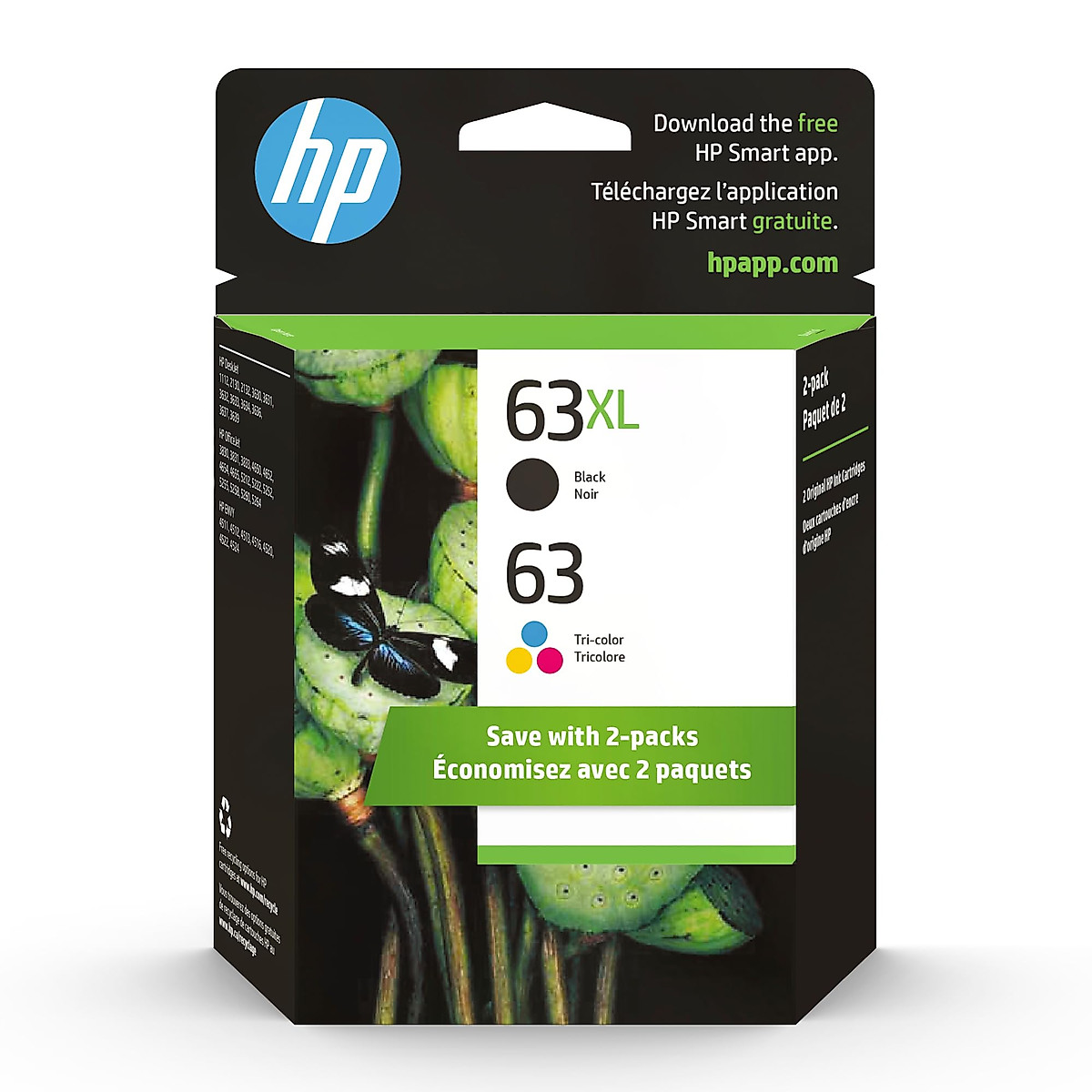 HP 63XL Black High Yield Original Cartridge & 63 Tri-Color Original Ink Cartridge, 2 Pack (L0R48AN)