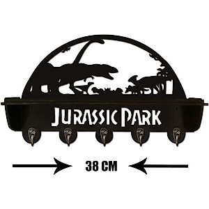 Dinosaur Theme Park World ，Hat Rack Key Hook Coat Hook Towel Holder, with 5 Metal Hooks, Clothes Hook, Kitchen Shelf, Wooden Storage Shelf,Black,16 Inch, 11 Lbs