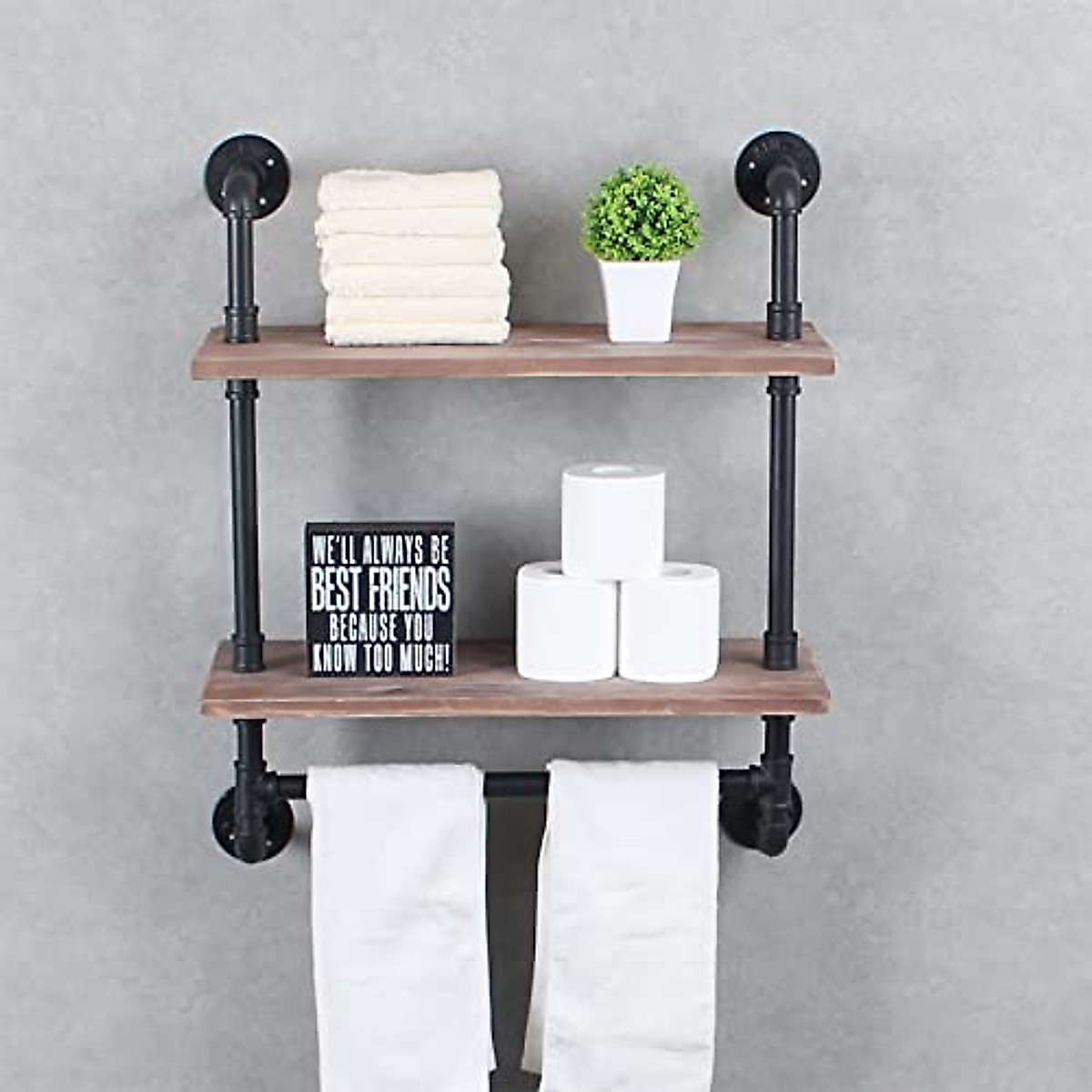 OUBITO Rustic Floating Shelf,Industrial Pipe Shelving,24inch Bathroom Shelves Wall Mounted with Towel bar,Metal Wall Shelf,2 Tier Towel Rack,Floating Shelves,Black