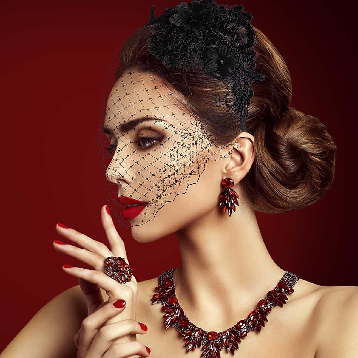 Yolev Bridal Wedding Veil Vintage Fascinator Mesh Lace Headband Tea Party Headwear with Veil Cocktail Tea Party Headwear for Girls and Women (Black)