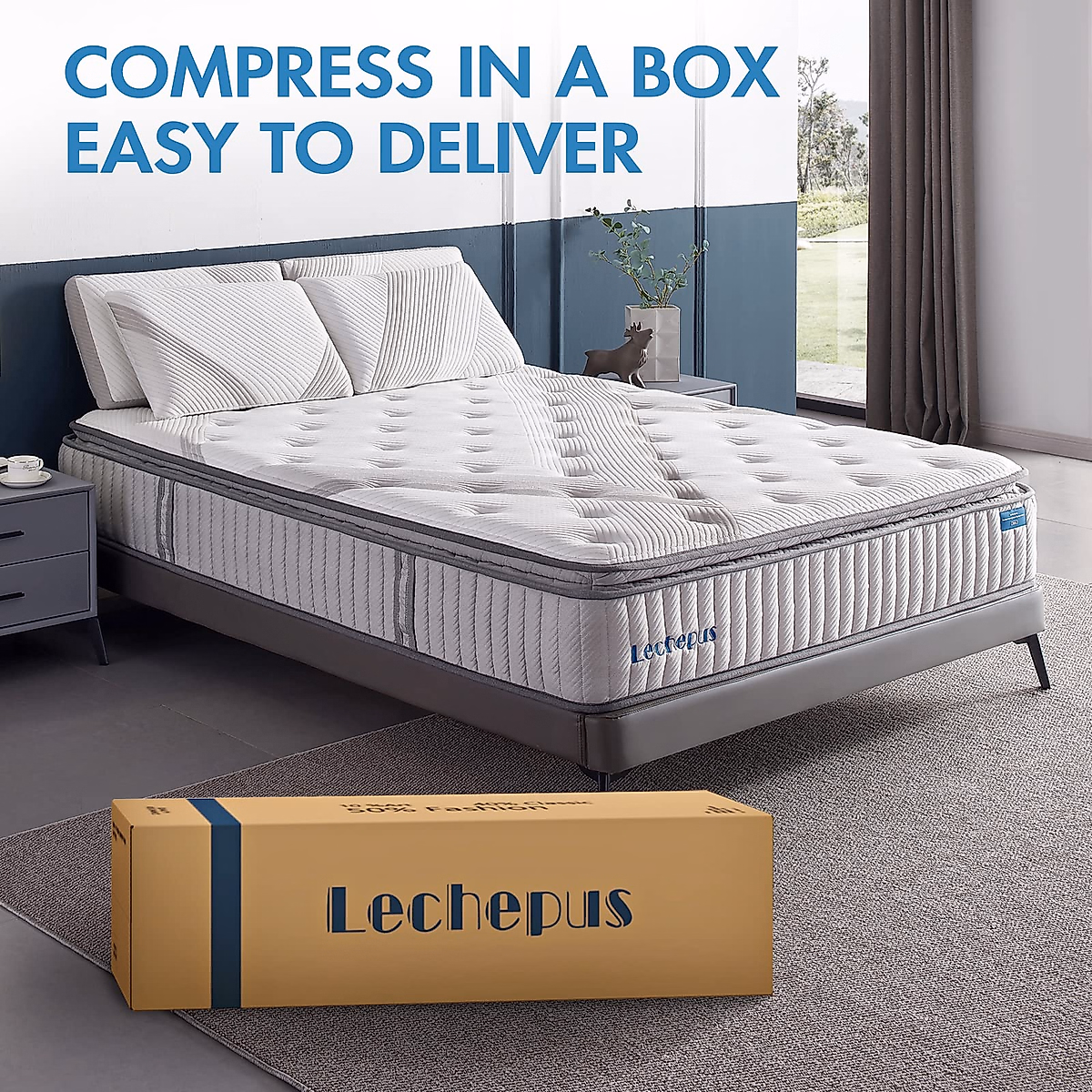 12 Inch Queen Mattress, Lechepus Cool Gel Memory Foam Hybrid Mattress with Pocket Innerspring, Medium Firm Pillow Top Mattresses for Supportive & Pressure Relief