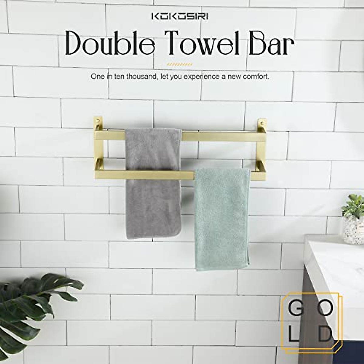 KOKOSIRI 20'' Towel Bars Bathroom 2-Tiers Ladder Bath Towel Hook Wall Mount Square Robe Hook Coat Hook Brushed Gold B5008BG-L20+B1010BG-P2