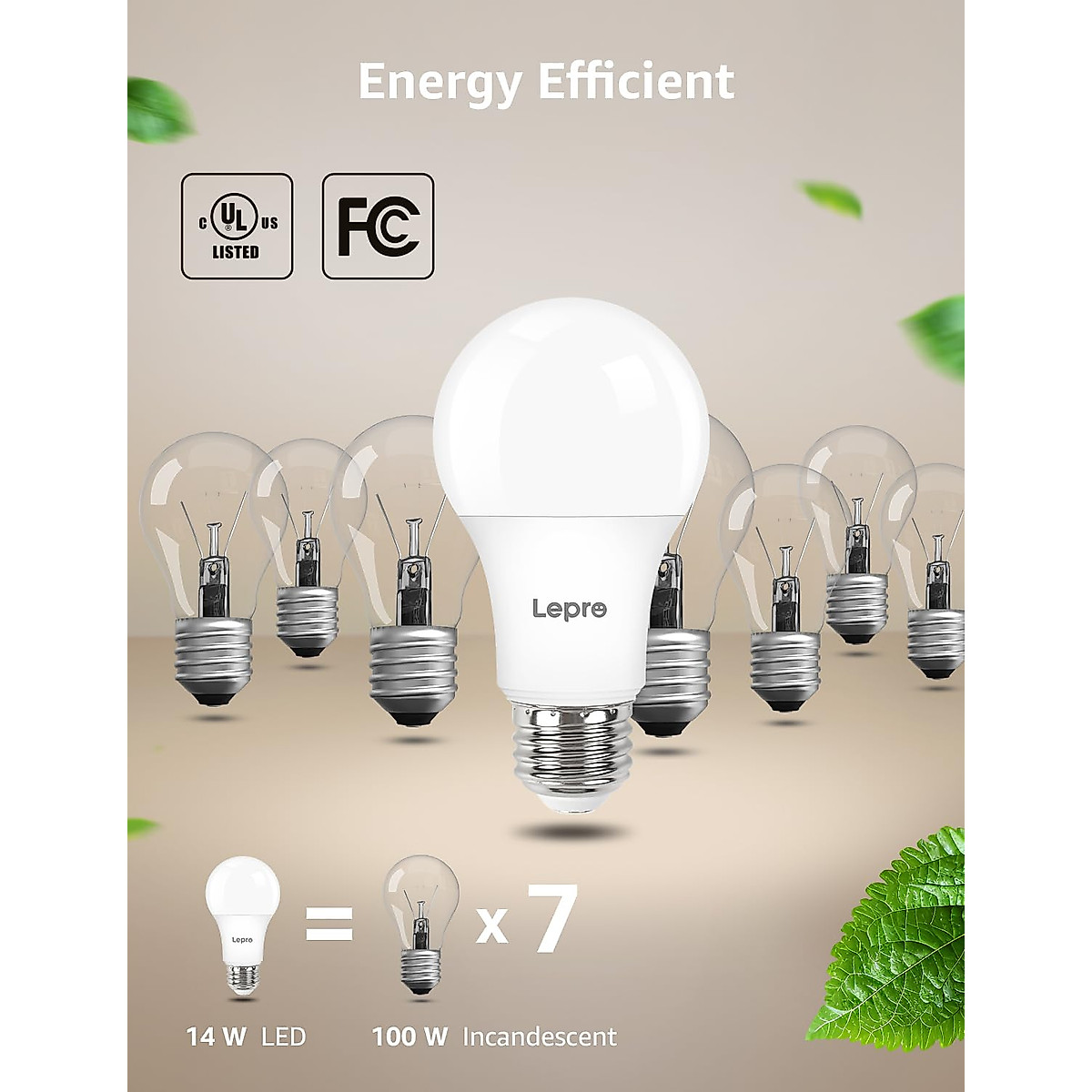 Lepro Dimmable LED Light Bulbs 100 Watt Equivalent, 14W 1500LM Daylight White 5000K, A19 E26 Standard Medium Base, UL FCC Listed, 15000 Hour Lifetime, 6 Pcs
