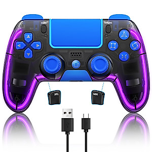 Honghao Controllers for PS4, LED Wireless PS4 Remote with Hall 3D Joystick, Dual 4 Shock RGB Custom Game Controllers for PlayStation 4 | Customizable Buttons| Responsive Control (Blue)