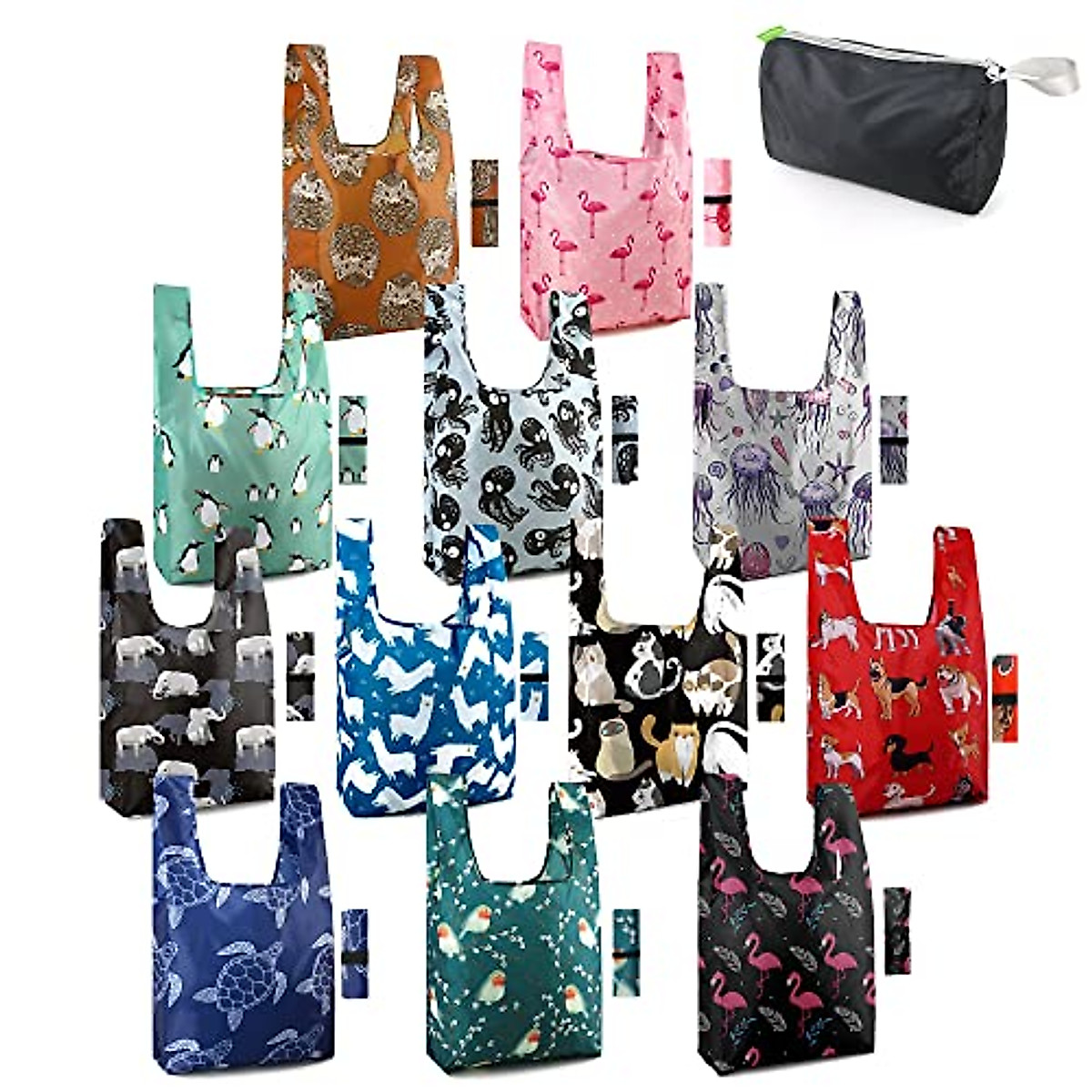 BeeGreen Reusable Grocery Bags Shopping Totes 12 Pack with Small bag Nylon Fabric Foldable Groceries Bags Bulk Cute Large 50lbs Heavy Duty Animial Bags Washable Dogs Hedgehog Cat Turtle Penguin