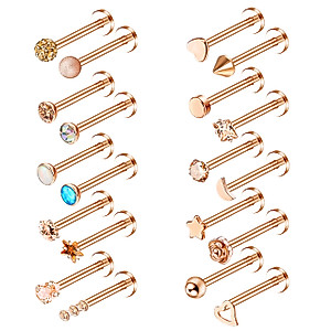 Subiceto 16G Stainless Steel Forward Helix Monroe Labret Lip Nose Studs for Men Women Tragus Cartilage Stud Earrings Cz Balls Heart Flower Medusa Piercings 20 Pcs
