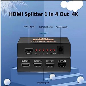 HDMI Splitter 1 in 4 Out 4K, 1x4 HDMI Splitter 3D Full HD 1080P, for Monitors Duplicate/Mirror, Compatible for HDTV PS4 Blu-Ray Player Box STB DVD Player, Projector Etc (1 Source onto 4 Displays)