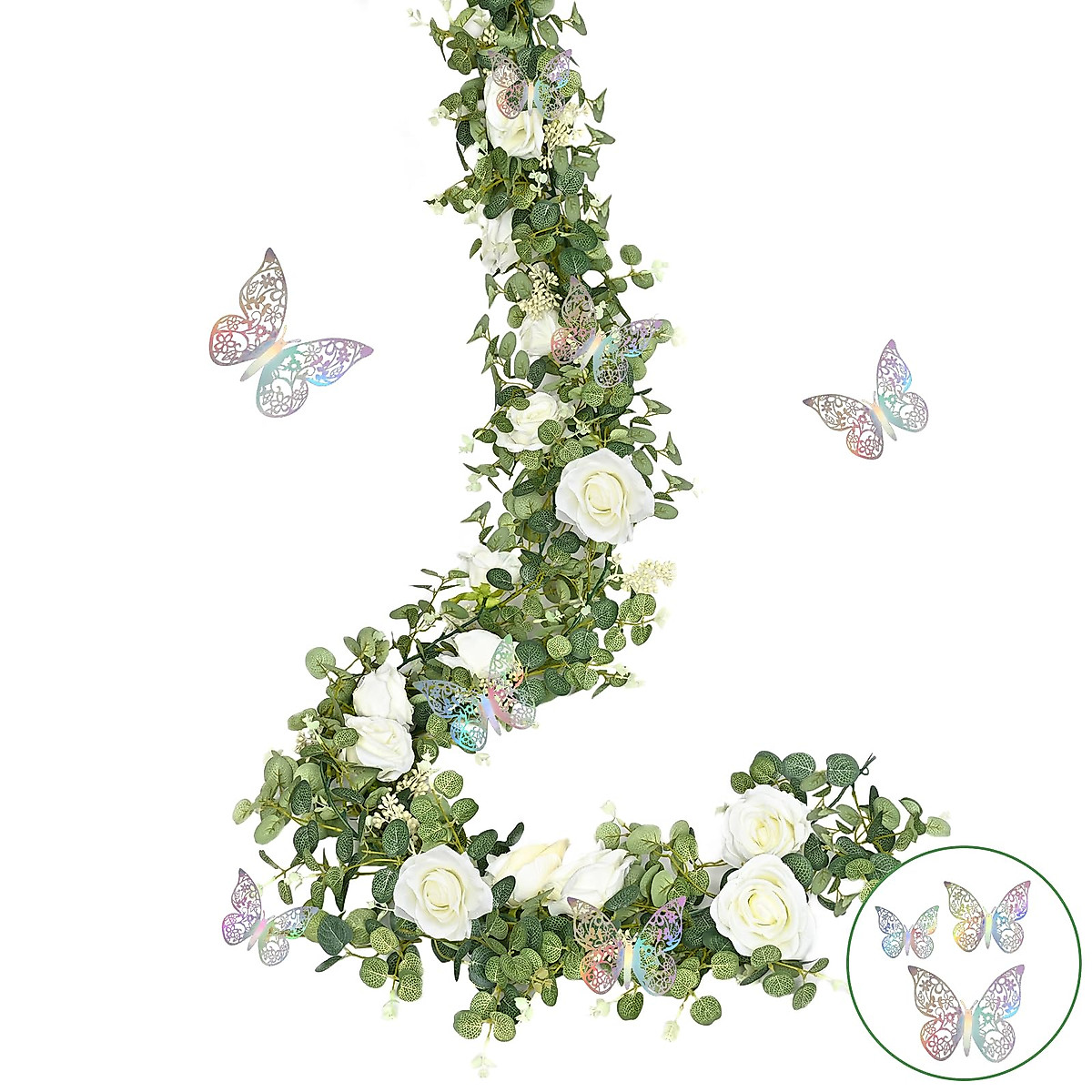 Yastouay 6.4 Ft Fuller White Flower Garland with Butterfly, Artificial Eucalyptus Garland with Flowers Fake Rose Vine Garland for Table Centerpiece Wedding Arch Baby Shower Party Room Backdrop Decor