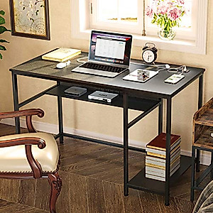 Rolanstar Computer Desk 55” with Power Outlet & Storage Shelves, Home Office PC Desk with USB Ports Charging Station, Writing Study Desktop Table with Stable Metal Frame, Black