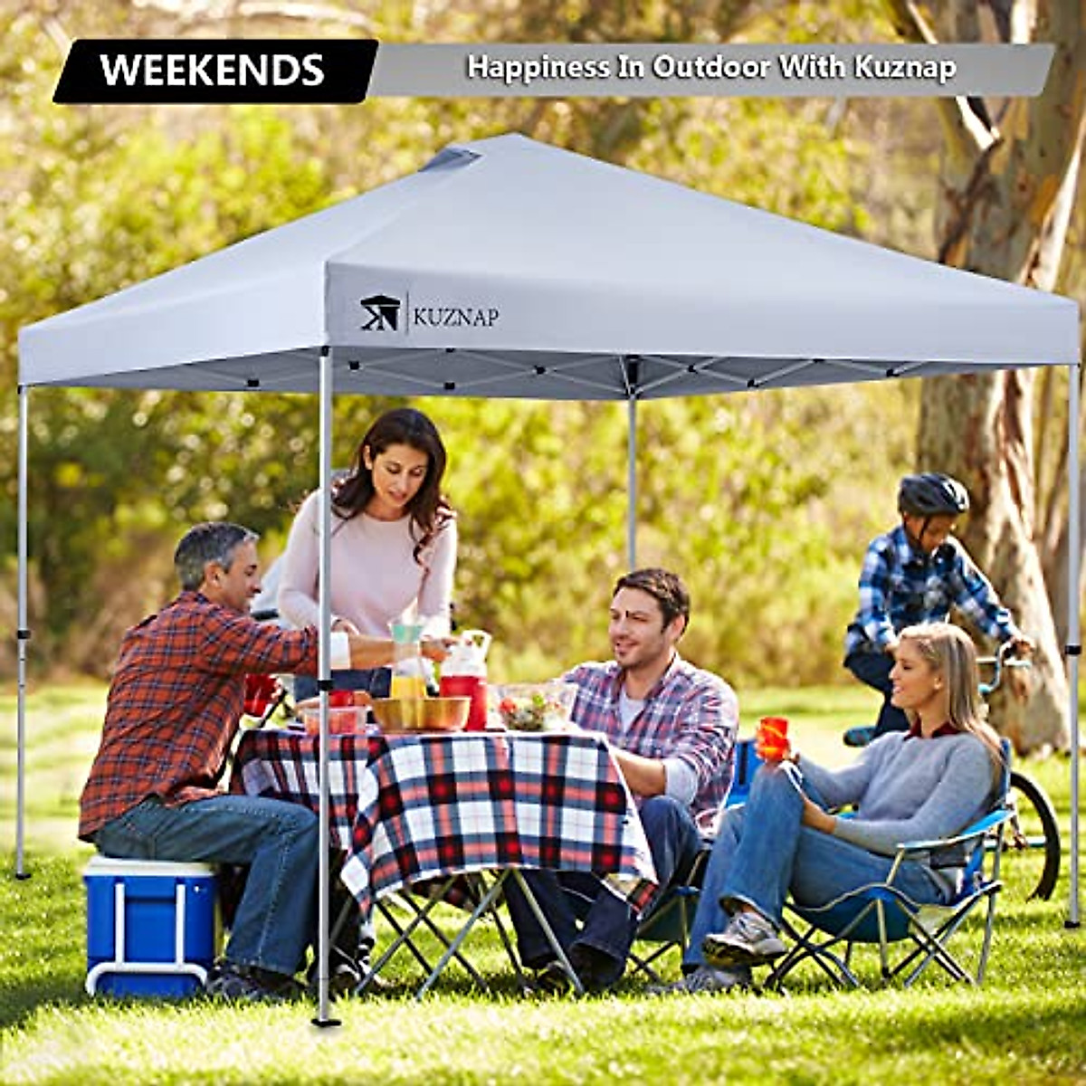 KUZNAP 10’x10’ Pop up Canopy Tent Patented EZ Set-up Canopy Instant Outdoor Canopy with Wheeled Carry Bag Bonus 4 Weight Sandbags, 8 Stakes and 4 Guyline Ropes, White