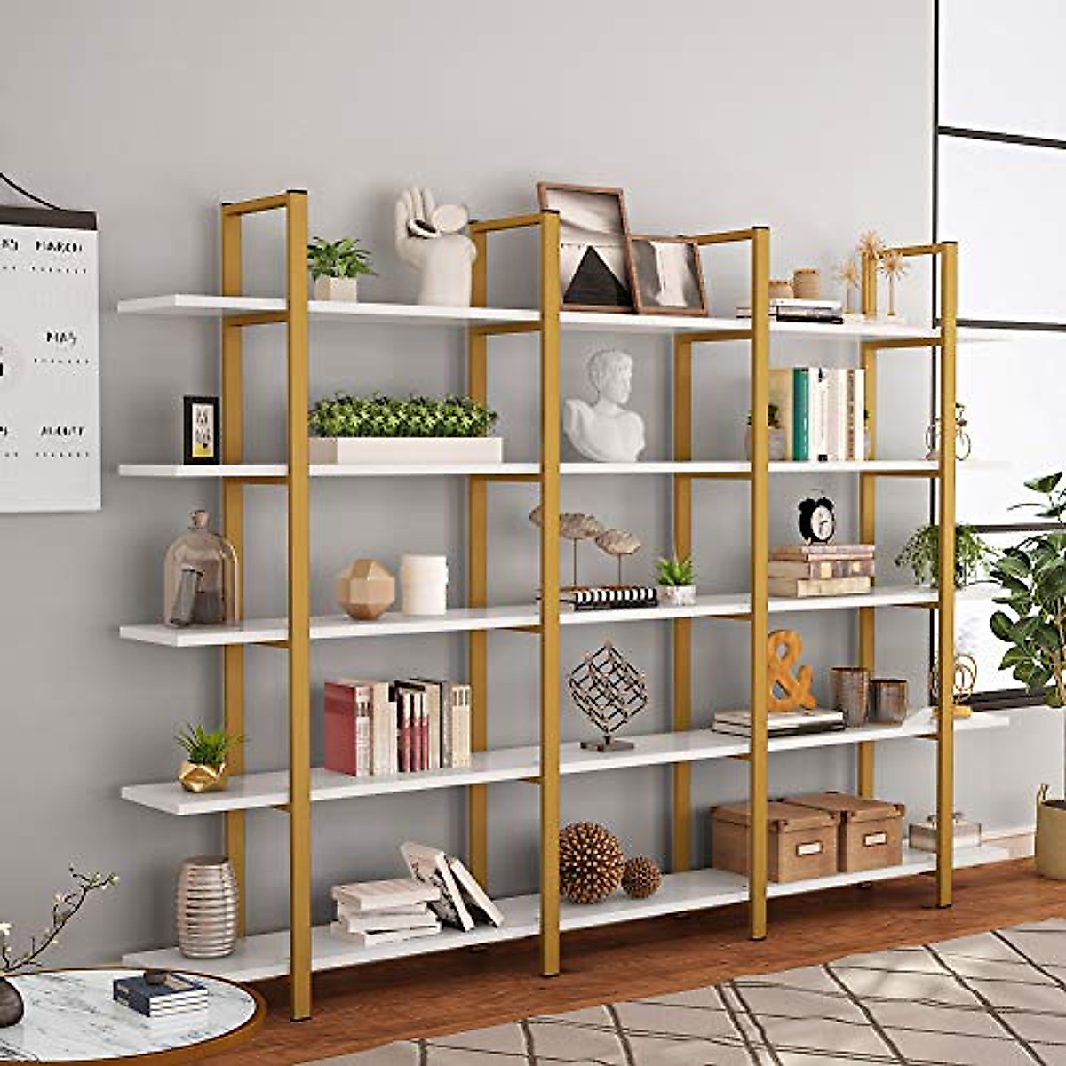 Tribesigns 5-Tier Bookshelf, Vintage Industrial Style Bookcase 70 ‘’ H x 12’’ W x 47’’L, Gold