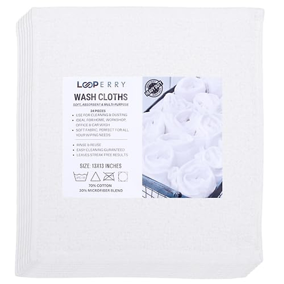 Looperry White Terry Cloth Rags (24 Pack) Commercial Grade 13x13 Lint Free Dish Cloth Multipurpose Cleaning Rags for Housekeeping, Car Wash. Absorbent & Reusable Bar Mop Towels for Kitchen Cotton