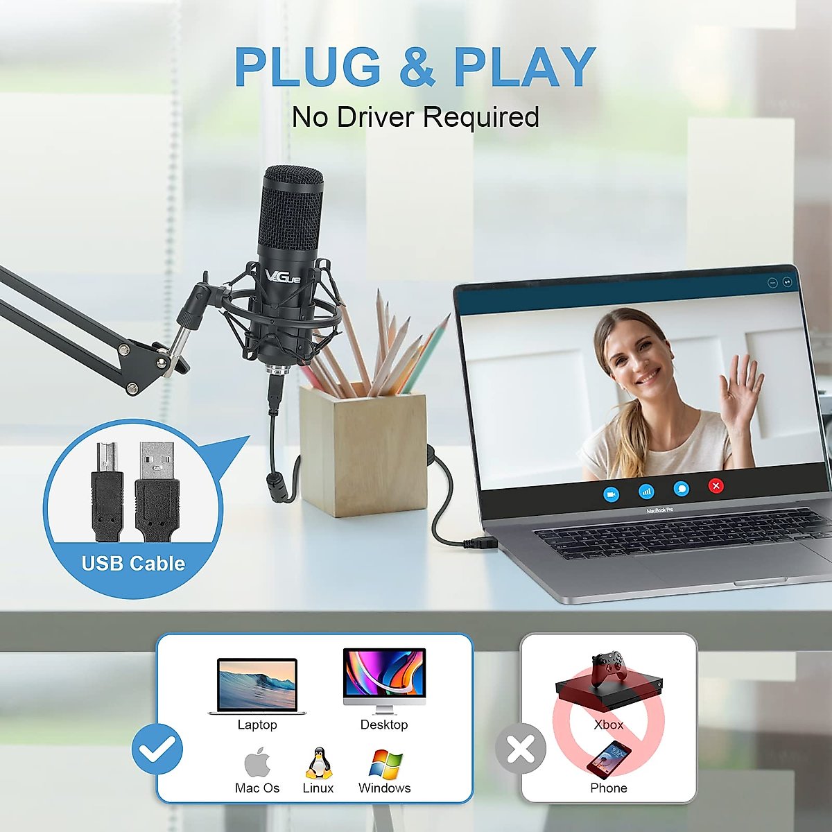VeGue USB Microphone Kit, 192kHz/24Bit Streaming Podcast PC Condenser Computer Mic Set for Gaming, YouTube Video, Recording Music, Voice Over, Studio Mic with Adjustable Arm Stand (VG-016)