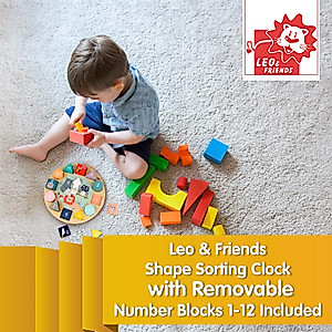 LEO & FRIENDS Shape Sorting Clock - 1 to 12 Removable Number Blocks Included, Learn How to Tell Time, Premium Wooden Educational Toy, Fun Puzzle Stacking and Sorting for Children Ages 3+