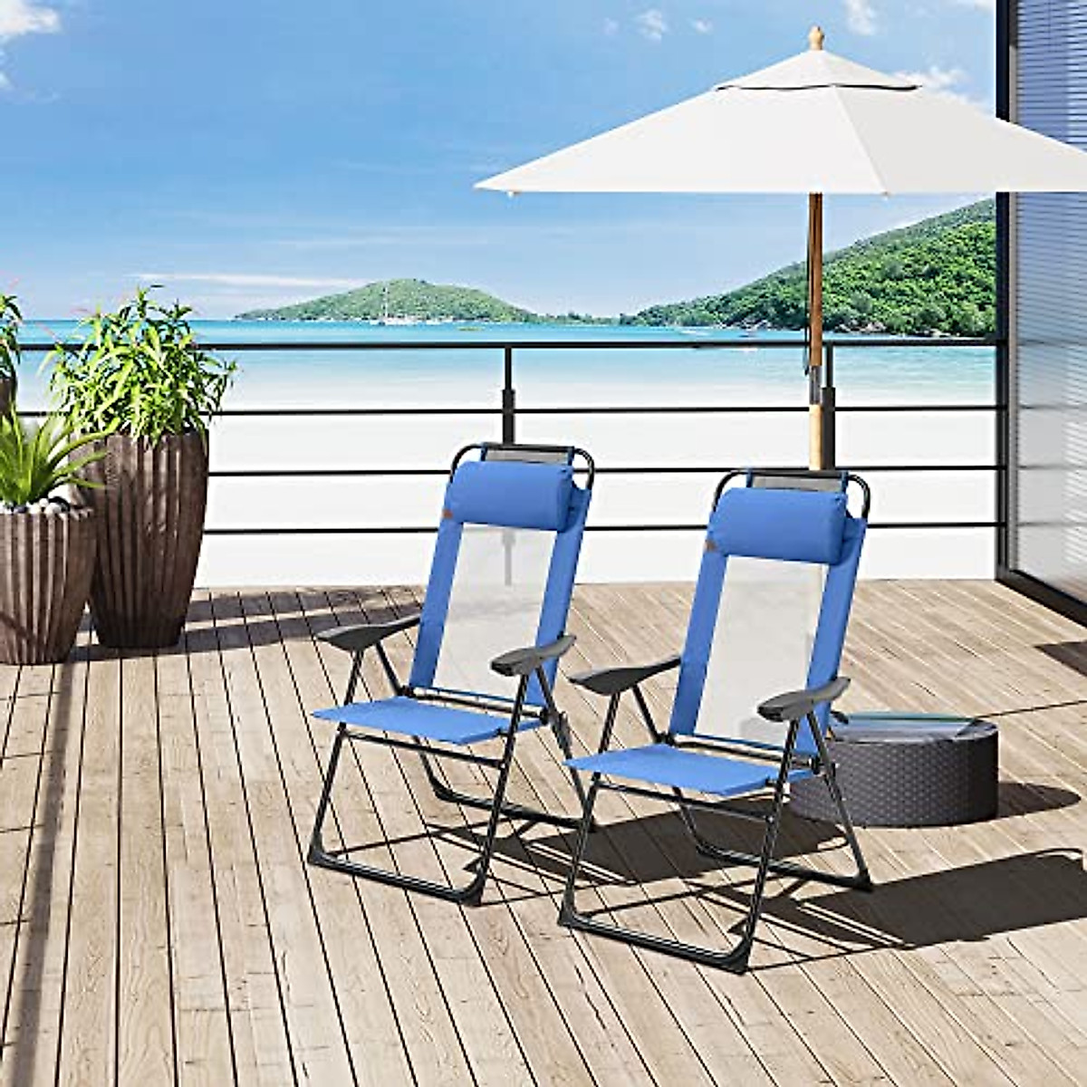 Outsunny Set of 2 Folding Patio Chairs, Camping Chairs with Adjustable Sling Back, Removable Headrest, Armrest for Garden, Backyard, Lawn, Blue