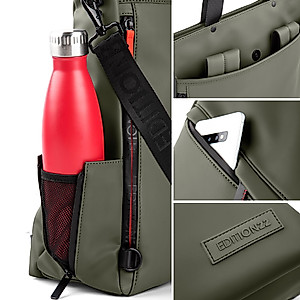 EDITION22 Core Collection 2-in-1 Convertible Tote Bag and Laptop Backpack Side Pockets, Water Repellent Vegan Leather Purse and Bookbag for Work, School, and Travel Essentials, Khaki