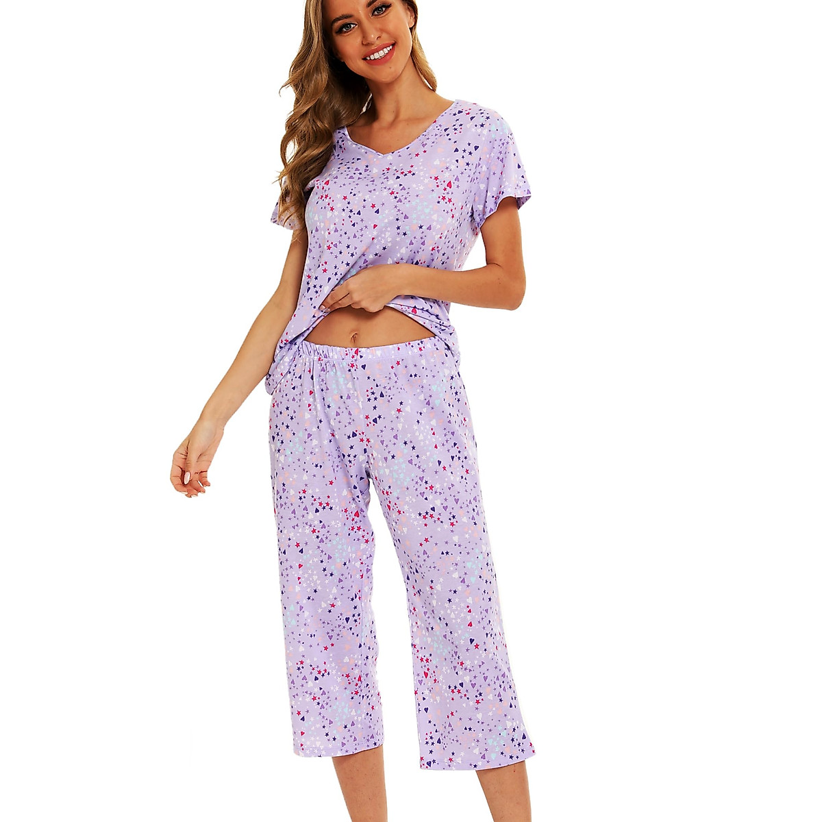 ENJOYNIGHT Women's Pajama Sets Cotton Sleepwear Tops with Capri Pants Summer Pjs (PU, X-Large)