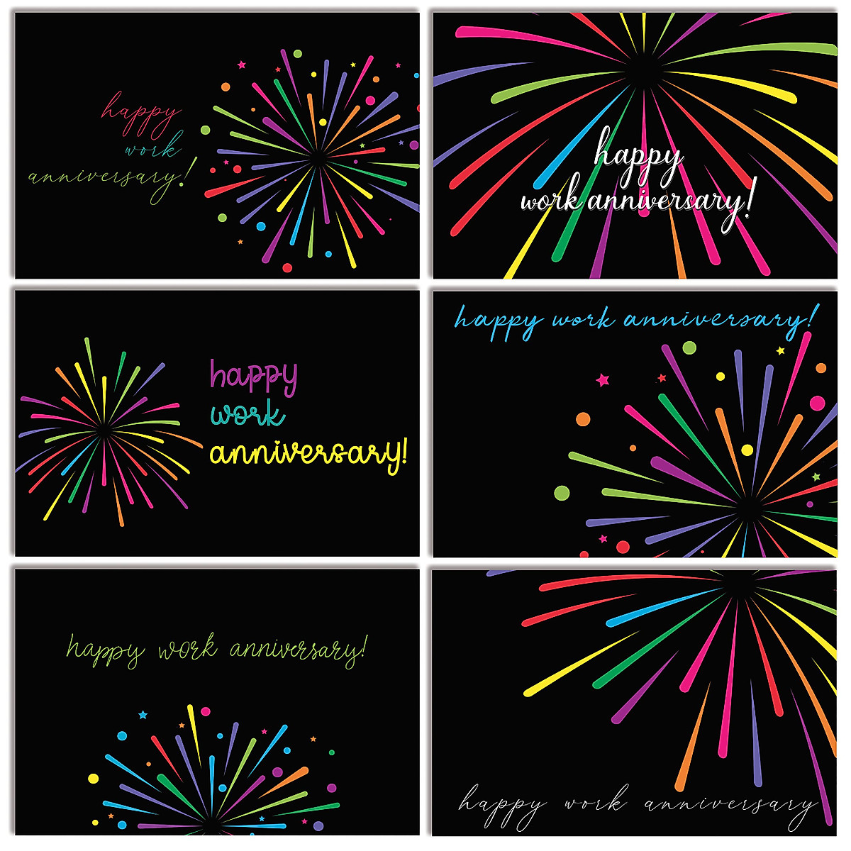 Better Office Products 36 Pack Work Anniversary Cards with Envelopes, Business Employee Appreciation Cards, Bulk Set, 4 x 6 Inch, 6 Fireworks Cover Designs,
