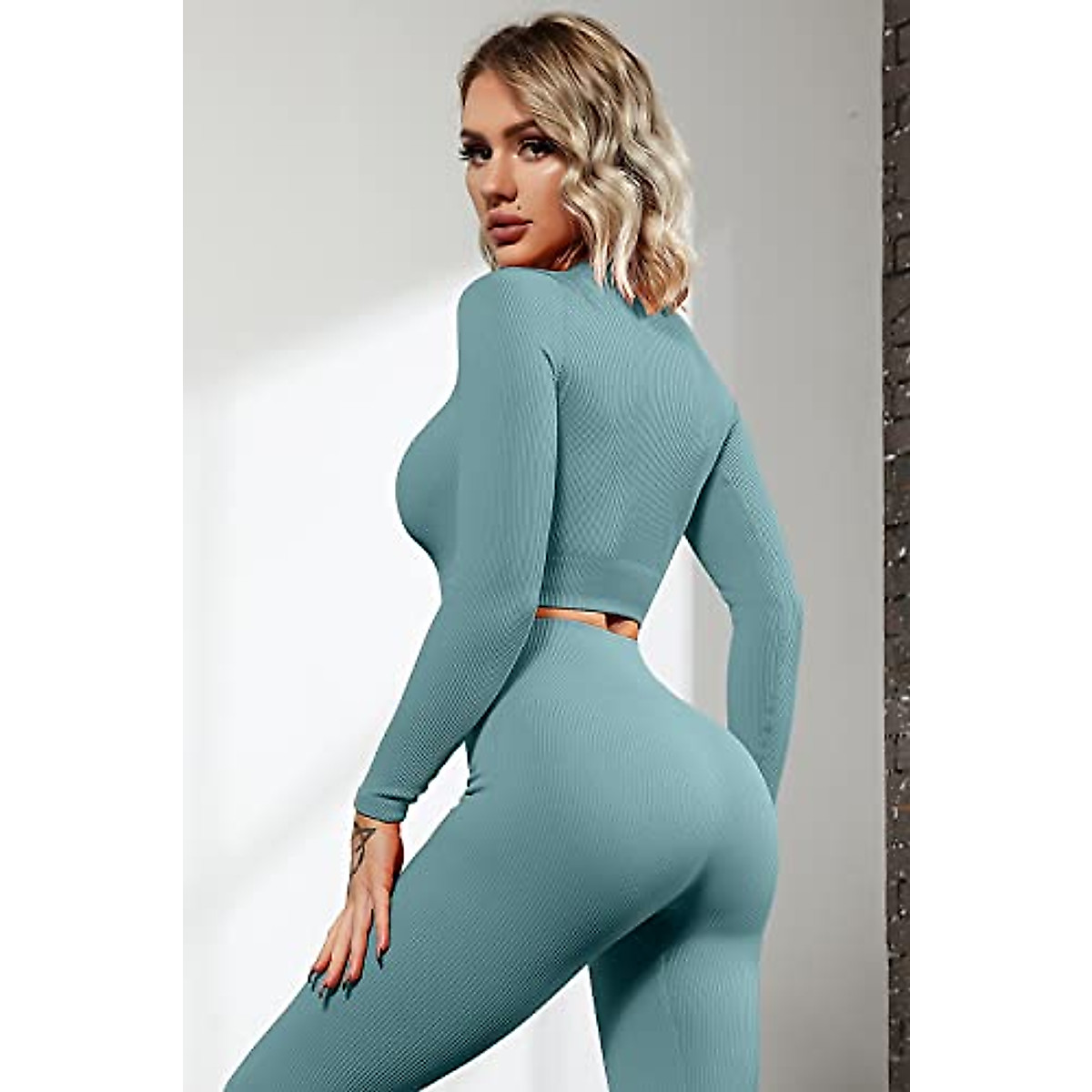 QINSEN Women's Winter Yoga Leggings 2 Piece Outfit Ribbed Seamless Long Sleeve Crop Top Sport Shirt Sets Tracksuit Blue M